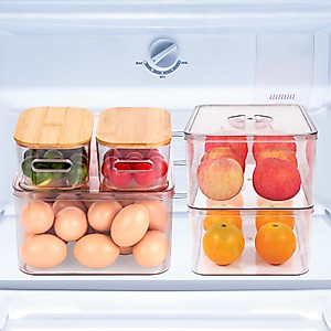 5 Pack Clear Plastic Storage Bins with Bamboo Lids, Stackable Storage Containers for Organizing Medicine Cabinet Organizer, Craft Room, Bread Box