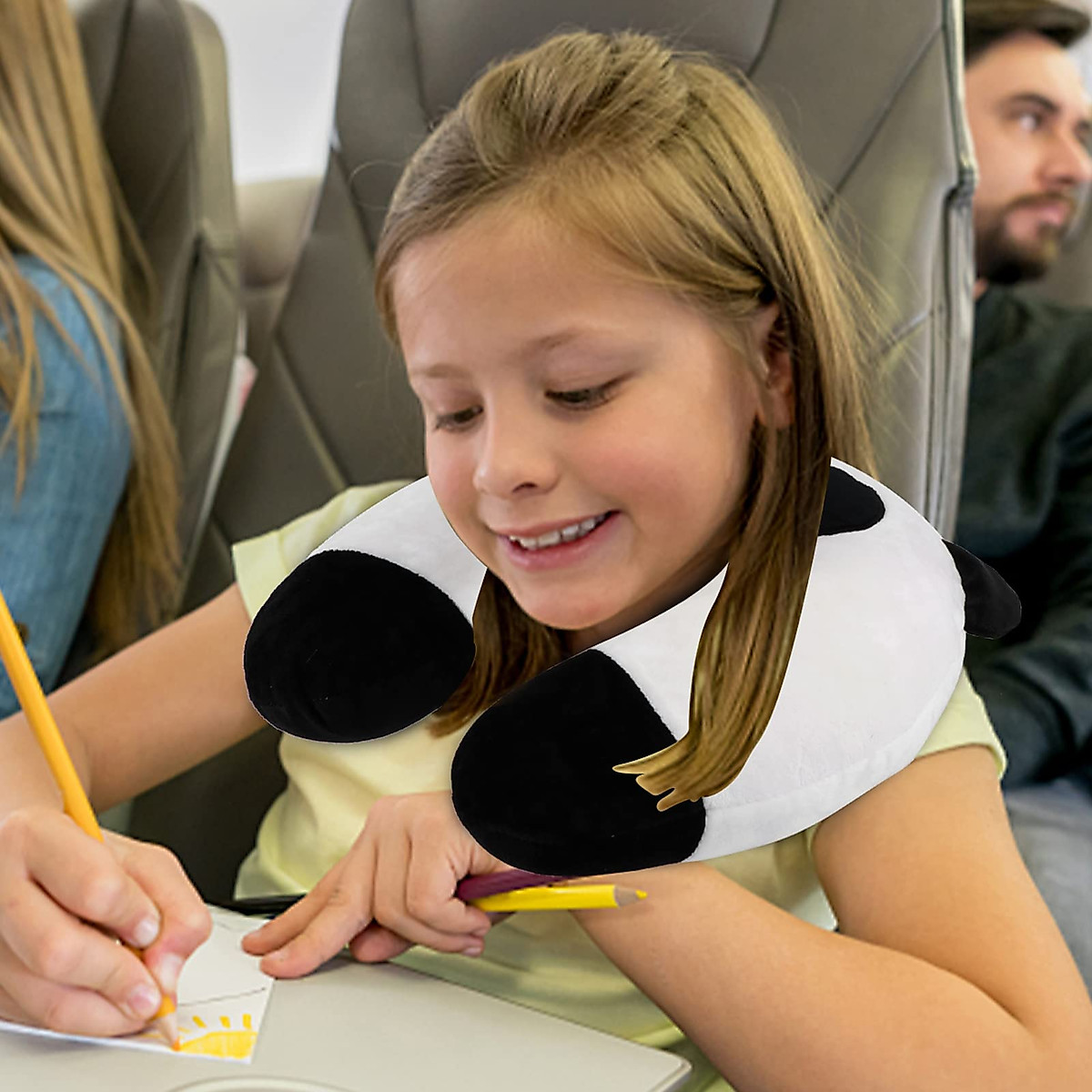 JIANWEI Travel Pillow, Portable and Comfortable Neck Support Pillow with an Eye Mas-k, Rest Neck Support Cushion with Animal Pattern Super Travel Partner(Panda,)