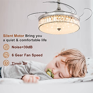 Ohniyou 42" Retractable Ceiling Fan with Light and Remote,Crystal Chandelier Ceiling Fan for Bedroom Living Room Indoor (Chrome Silver)