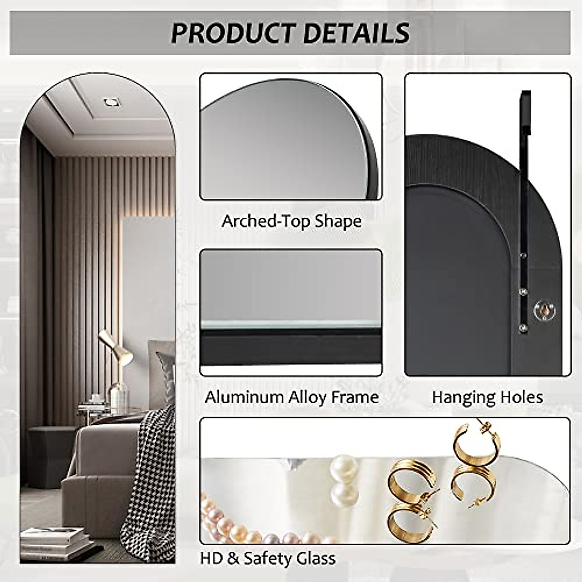 Kasibie Arched Full Length Mirror, 47"x14.5" Wall Mounted Mirror, Over The Door Hanging Mirror, Leaning Against Wall Mirror, Sleek Arched Mirror for Bedroom Living Room (Black)