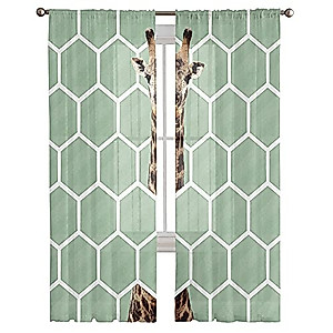 Sheer Curtains 63 Inch Length 2 Panels, High Cold Giraffe Semi Sheer Voile Bedroom Curtains & Drapes, Rod Pocket Window Treatments, Boho Curtains for Living Room Kitchen Backdrop Home Decor, W52xL63