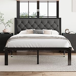 Einhomn Queen Bed Frame, Metal Platform Bed Frame with Button Tufted Linen Upholstered Headboard, Sturdy Steel Slats, 12" Underbed Storage, No Box Spring Needed, Grey