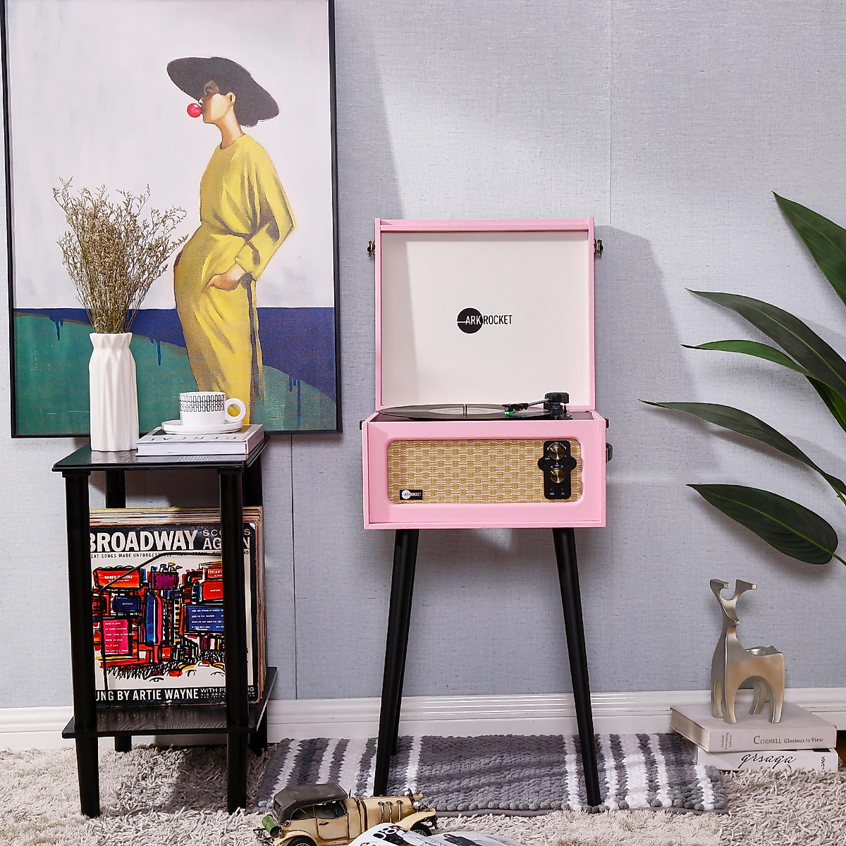 Arkrocket Discovery 3-Speed Bluetooth Record Player Retro Console Turntable with Built-in Speakers and Removable Legs (Pink)