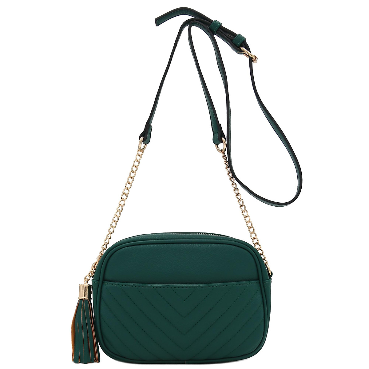 FashionPuzzle Chevron Quilted Crossbody Camera Bag with Chain Strap and Tassel (Dark Teal) One Size