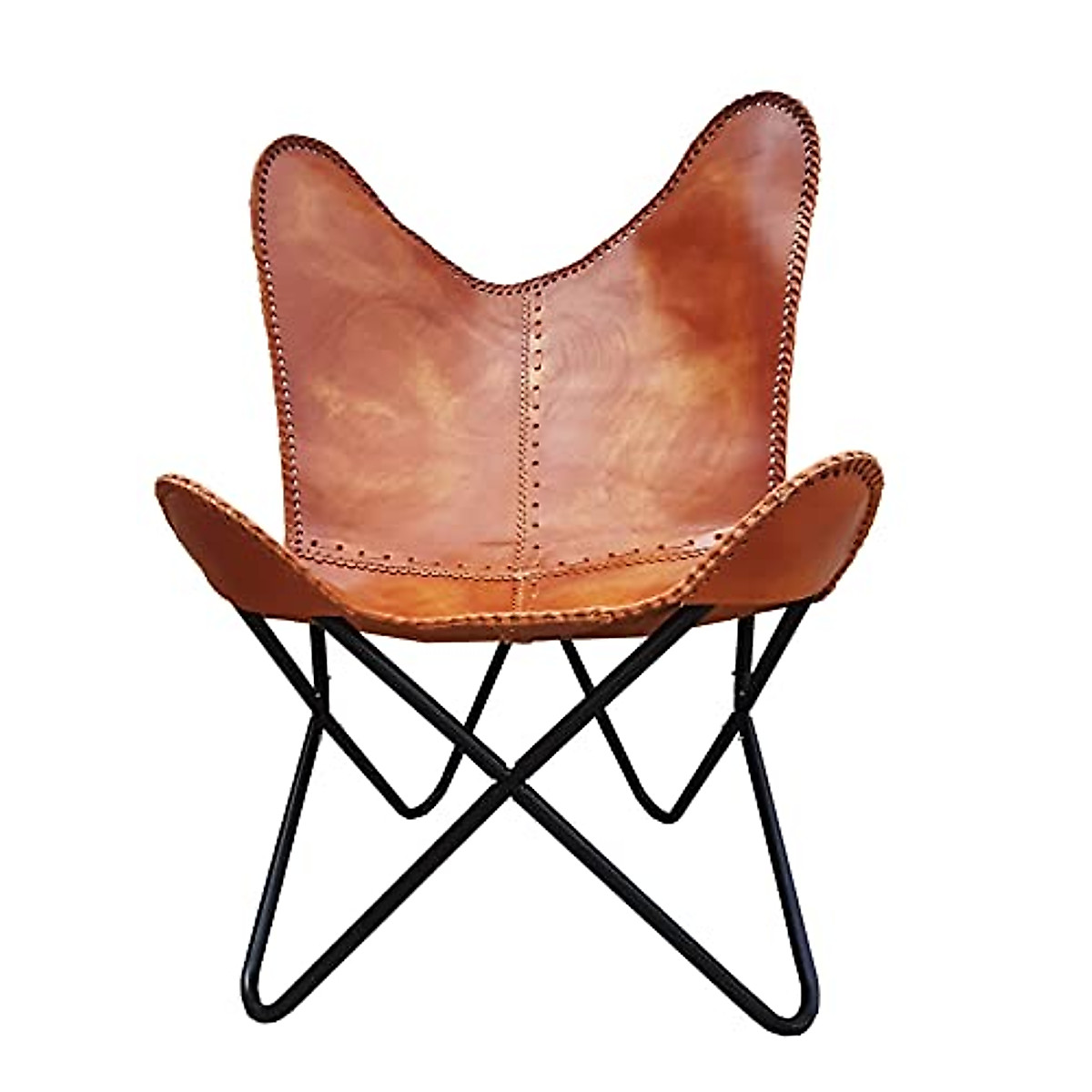 Classy Handmade Leather Living Room Chairs-Butterfly Chair Tan Side Hand Stitch Leather Butterfly Chair-Handmade with Powder Coated Folding Iron Frame (Cover with Folding Frame)