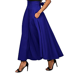 Rooscier Women's Elastic High Waist Tie Knot Back A-Line Flared with Pockets Long Skirt Royal Blue Small