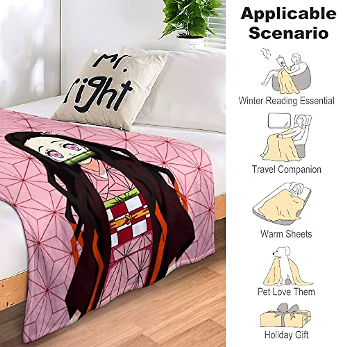 Anime Nezuko Blanket Super Soft Cozy Flannel Blankets and Throws Plush for Sofa Couch Bedding Decor Gifts 50"X40"