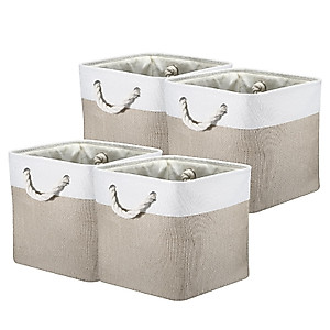 PATIKIL Fabric Storage Cube, 4 Pack 11 Inch Storage Bins Closet Organizers for Shelves with Handles Decorative Collapsible Baskets for Home Organization, White/Beige