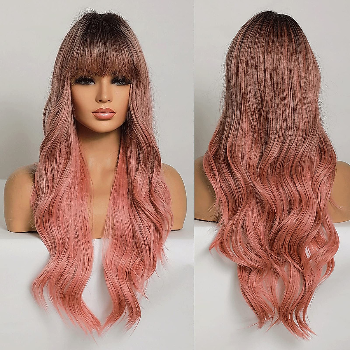 Clearance Ombre Pink Wig with Bangs 26 Inch 65cm Long Wavy Synthetic Wig Ombre Dark Root To Pink Colored Wigs for Women Heat Resistant Wigs for Daily Cosplay Party Wear Natural Looking Wig