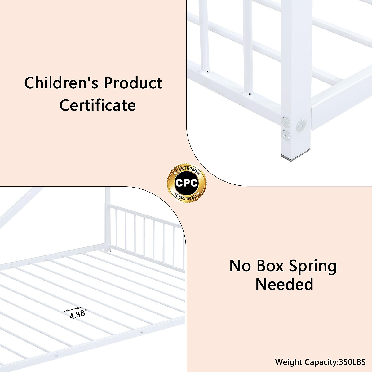 Montessori Floor Bed with Headboard and Footboard, Twin Floor Bed with Slats, Metal House Floor Bed for Kids, Girls, Boys, White Montessori Bed Twin Size