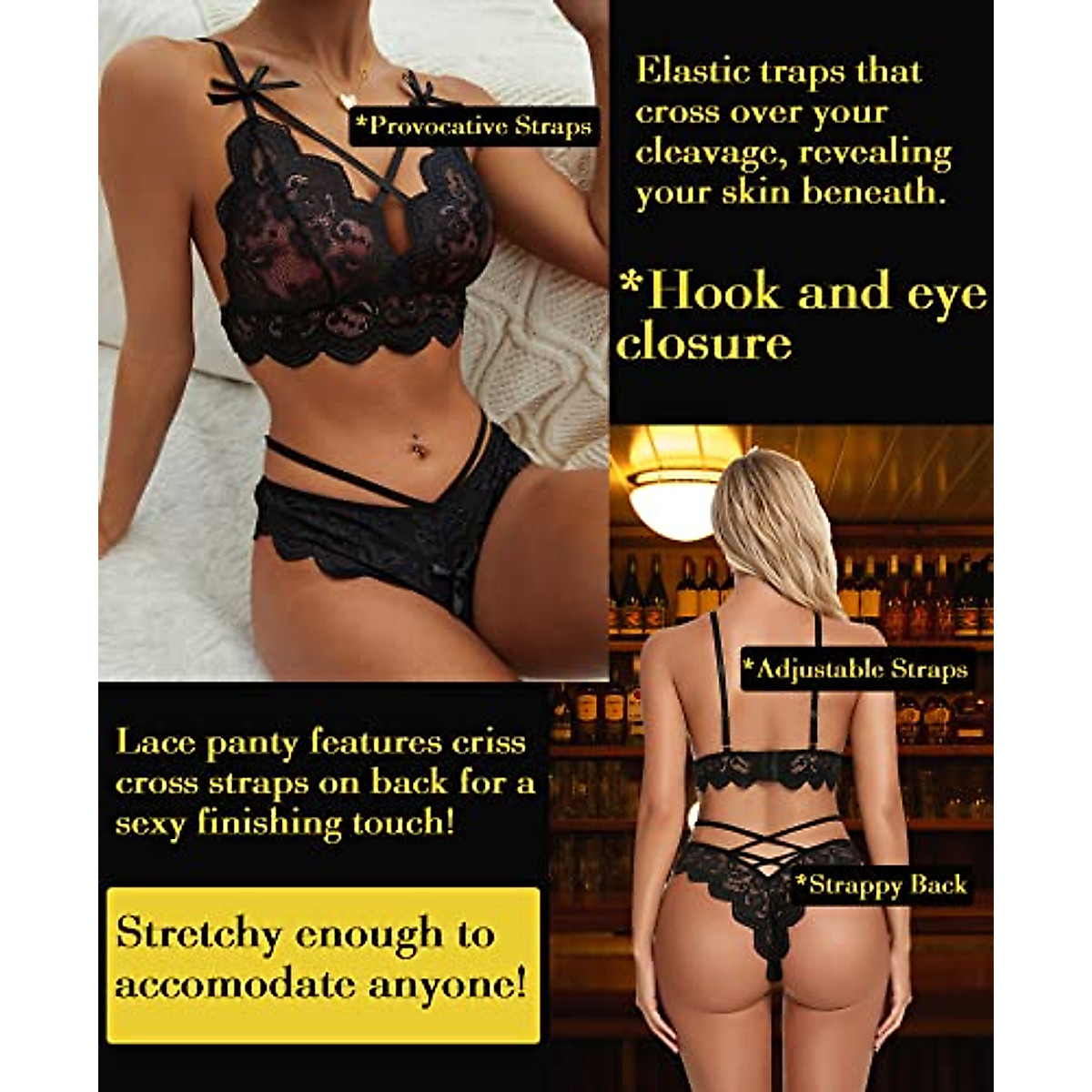 Namifin Women Sexy Lingerie Set Two Piece Lace Bra and Panty Set Bralette Sleepwear Black X-Large