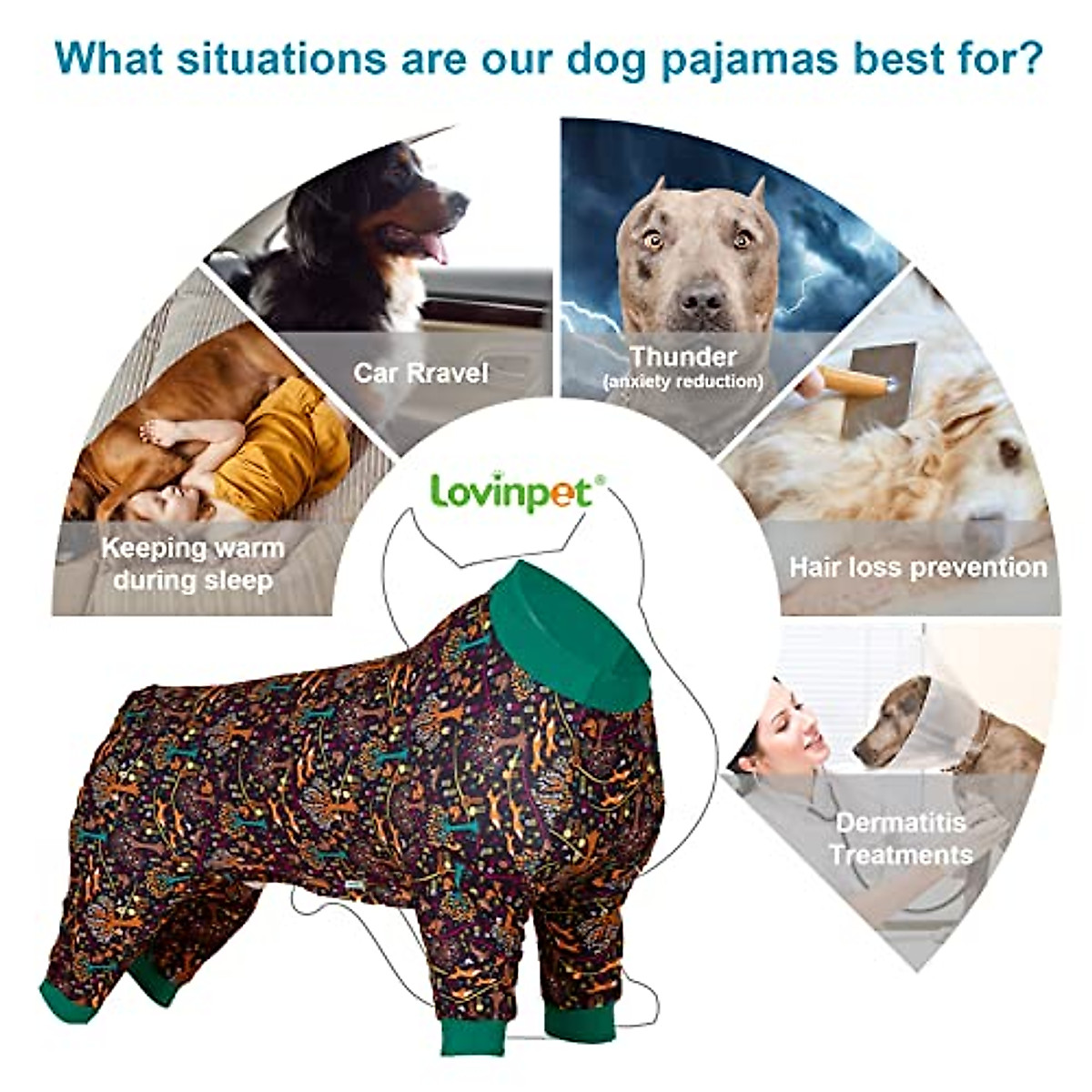 LovinPet Large Dog Clothing - Comfy Lightweight Stretchy Fabric, Norwegian Woods Print Dog Pajamas, UV Protection, Surgery Recovery Outfit for Dogs, Easy to Wear Adorable Dog Clothes, Brown Blue M
