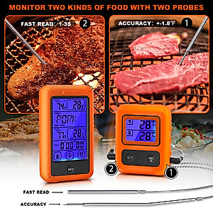 Wireless Meat Thermometer, Digital Meat Thermometer for Cooking, Instant Read Food Thermometer with 2 Stainless Steel Probes for BBQ Grill Smoker Oven Kitchen