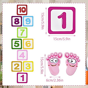 10 PCS Number Lattice Floor Sticker with 1 Pair Kids Footprint Stickers, Funny Number Hopscotch Game Floor Stickers Wall Decals for Classroom Bedroom Living Room Ground Corridor Nursery