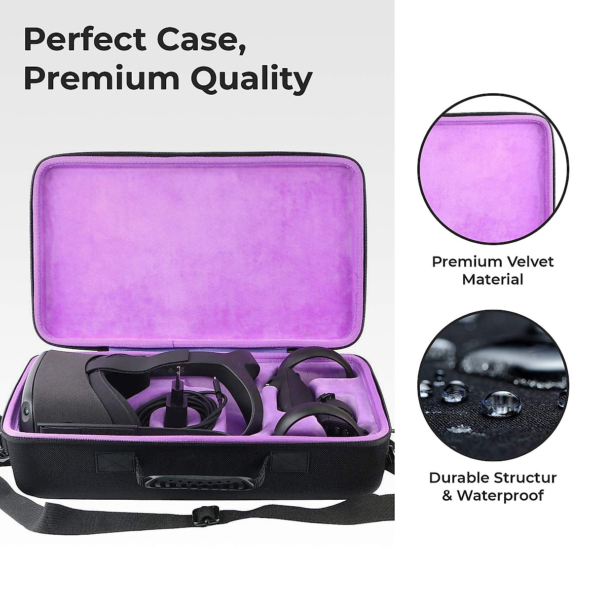 Movic® SimpleTravel™ Carrying Travel Hard Case for Oculus Quest 2 Replacement Virtual Reality VR Gaming Headset & Controller Accessories w Strap | Water Proof Cover Shell (Black+Velvet Purple)
