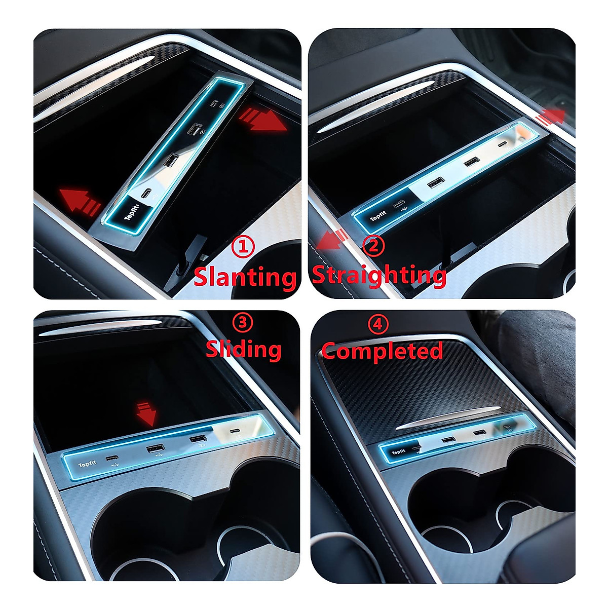 2023-2021 Tesla Model Y Model 3 Docking Station 4 in 1 USB Hub Center Console Adapter Cable Charger Powered Splitter Extension Accessories