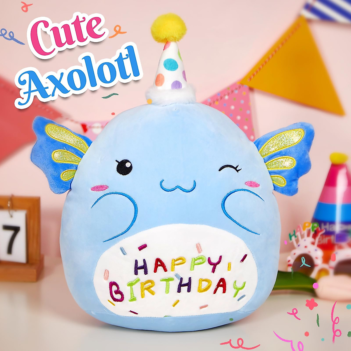 CozyWorld 14“ Birthday Axolotl Plush Pillow, Blue Axolotl Stuffed Animal Soft Axolotl Plush Toy, Cute Plushie Doll Gifts for Kids & Birthday Party Decor