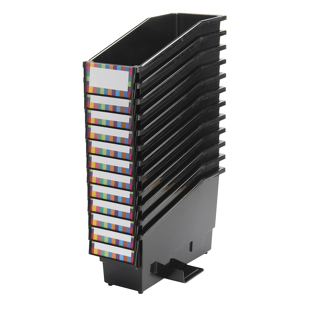 Really Good Stuff Non-Tip Book and Binder Holders, 5½” by 13½” by 7¾” (Set of 12, Black) Magazine, Folder Bins with Stabilizer Wings, Built-In Label Holder – Durable, Won’t Fall Over