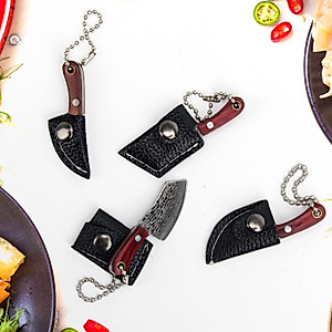 Pletpet 4 Pieces Mini Damascus Pocket Knife Set, Tiny Kitchen Chef Knife Set Portable Small Keychain Pocket Knife Cleaver for Package Opener Box Cutter Letter Opener