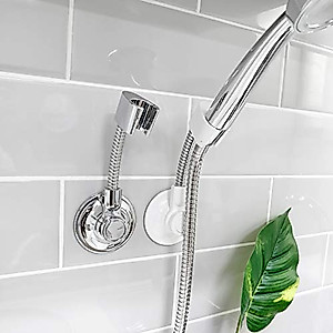 Bath Beyond Shower Head Holder - Flexible Shower Head Holder Adjustable Vacuum Suction Cup Shower Head Wall Mount Holder for Hand Held Shower Head (Adhesive Sticker Provided) (Chrome)