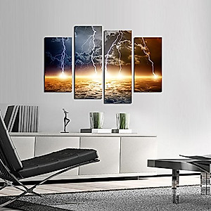 Kreative Arts Natural Landscape Paintings Wall Art Lightning Strikes in the Clouds 4 Panel Picture Print on Canvas Giclee Artwork for Home Office Decoration