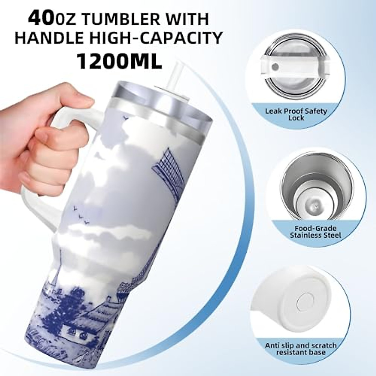 Xiexide 40oz Stainless Steel Gifts Vintage Blue Nederland Dutch Windmill Country Double Walled Vacuum Insulatedith Handle And Straw,Hot & Cold Drinks