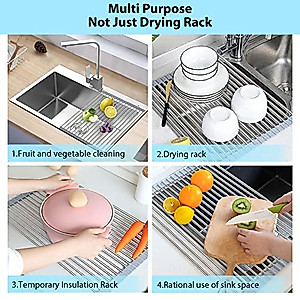 Zeanoch Dish Drying Rack Over The Sink Sink Drying Rack, Adjustable Length, Rolled Up ，Foldable，Saves Space, Fits Most Sinks, Stainless Steel Mat ,Also Great to Use with Kitchen Sink Mats (Black)