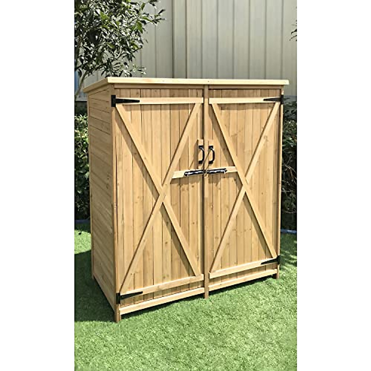 Hanover Outdoor Durable Double Door Wooden Shed for Tools and Garden Supplies with Shelf and Locking Latch, 36 Cu.Ft. Capacity (4.4' x 5' x 1.6'), Outdoor Storage for Backyard with Waterproof Roof