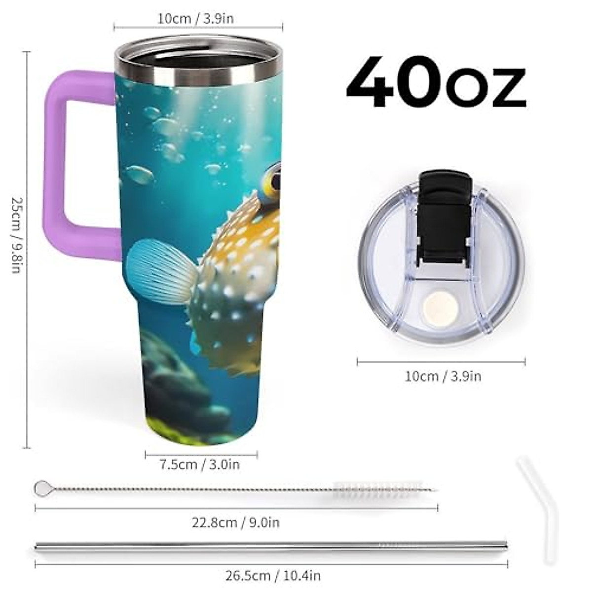Cute Puffer Fish 40 Oz Car Cup Stainless Steel Travel Mug Leak-Proof Insulated Tumbler with Handle Violet-style