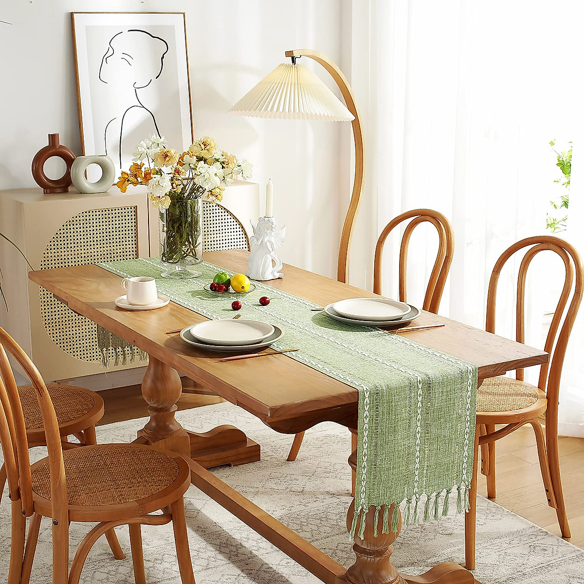 Rustic Farmhouse Style Linen Table Runner, Boho Handmade Tassel Embroidered Small Table Runners 48 Inches Long for Holiday Party, Christmas and Dining Decorations, 13 inchW X 48 inchL - Sage Green