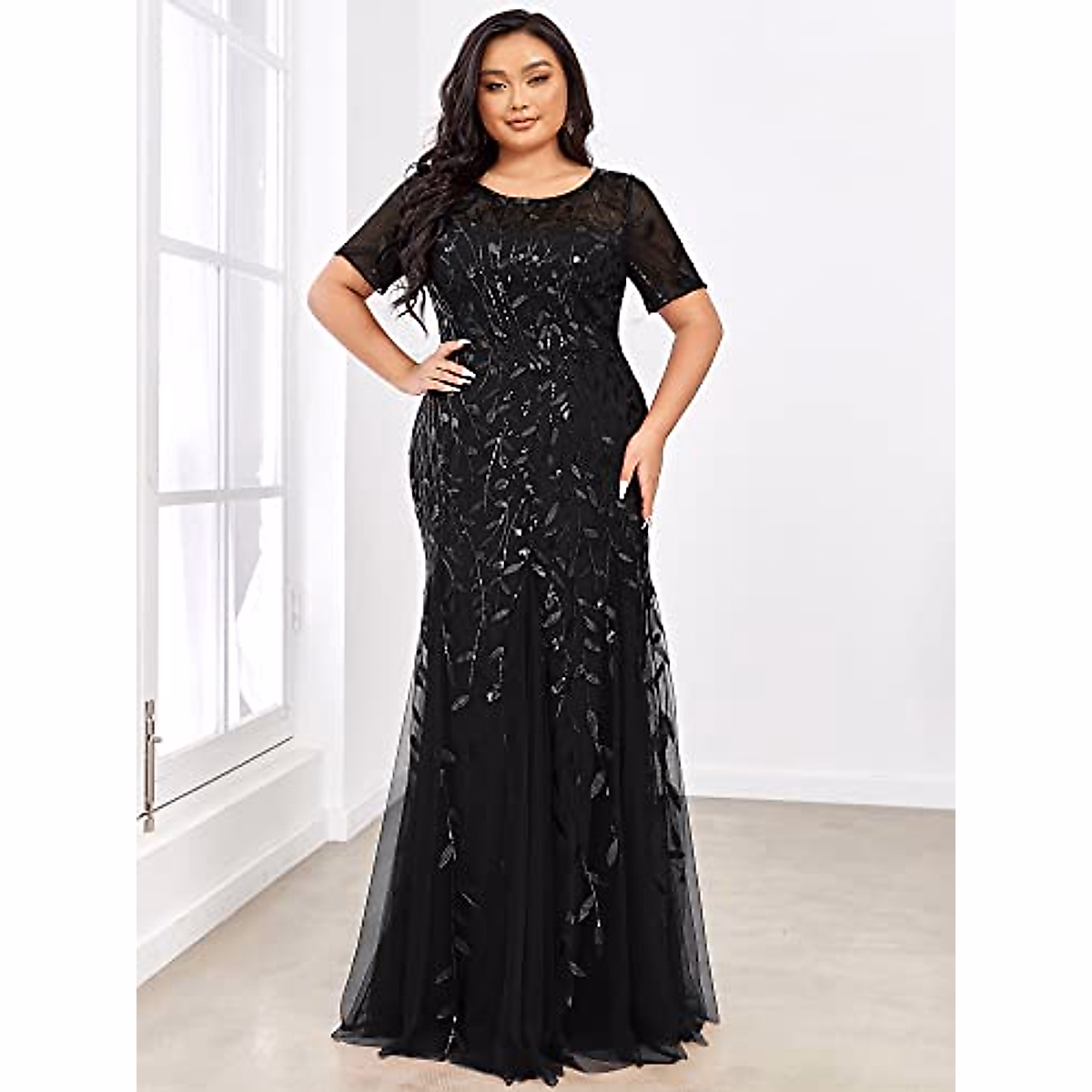 Ever-Pretty Women's Embroidered Prom Dress Long Formal Plus Size Dresses for Wedding Guest Black US22