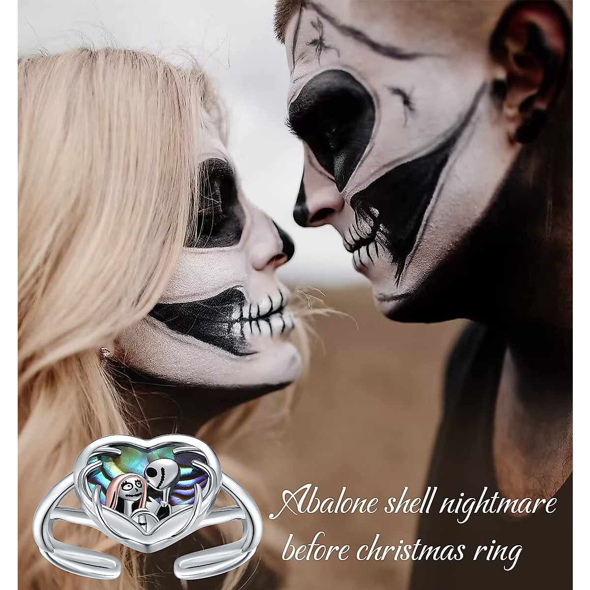 JZSANTI Jack Skellington Gifts for Women - Nightmare Before Christmas Gifts Sterling Silver Jack and Sally Rings with CZ Jack Skellington Skull Ring Halloween Gifts Christmas Jewelry Valentine's Day Gifts for Her