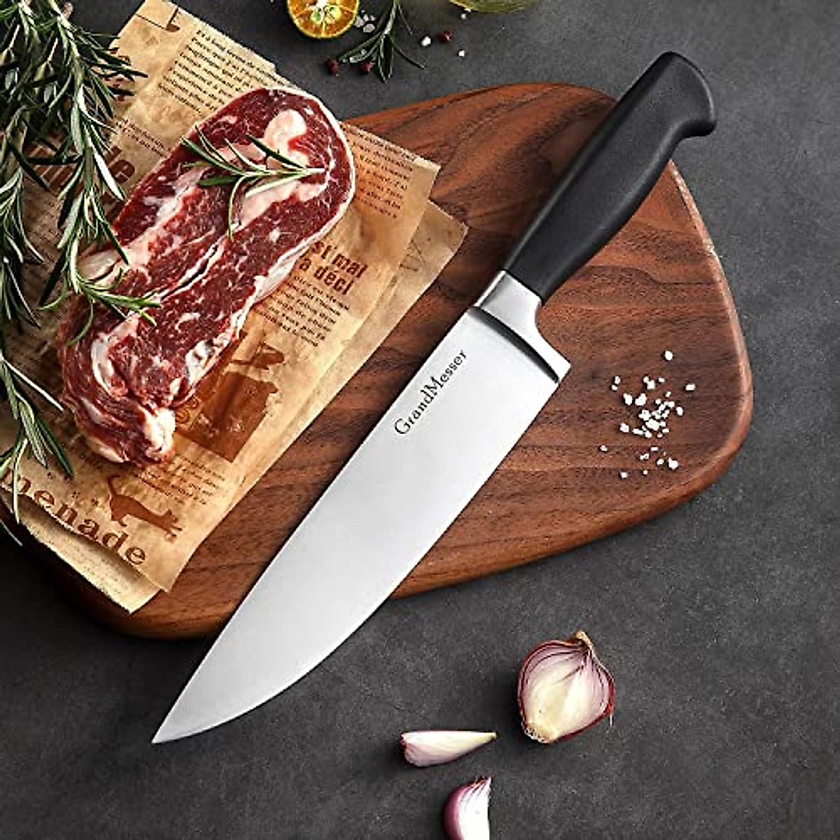 GrandMesser Chef Knife, 8 inch Kitchen Knife, Carbon Stainless Steel Cooking Knife with Ergonomic Handle and Sharpener, Chopping Knife for Professional Use