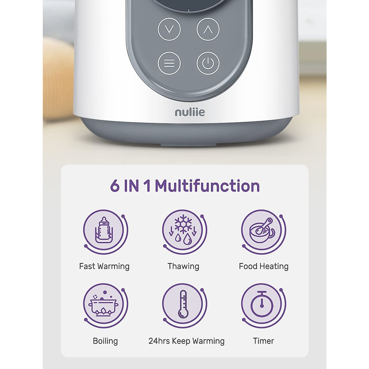 Nuliie Fast Bottle Warmer, 6-in-1 with Larger LCD Display Smart Temperature Control and Automatic Shut-Off, BPA Free Baby Bottle Warmer for Breastmilk or Formula