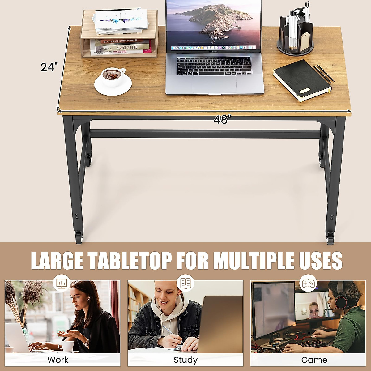 COSTWAY 48” Mobile Computer Desk, Home Office Desk on Wheels, Simple Study Writing Table with 4 Lockable Wheels, Metal Frame, Rolling Laptop PC Table for Small Space (Natural)