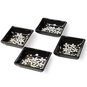 Cinf Ceramic Japanese Cherry Blossom Salad Sauce Rectangular Sushi Dish Set of 4 Plates Black Snack Bowls Appetizer Seasoning Serving for Kitchen Home