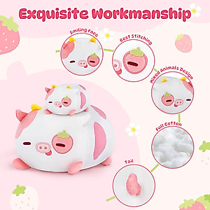 Mewaii Strawberry Cow Plushies Set, Mommy Cow Stuffed Animal with 4 Cute Small Squishy Babies, Soft Pink Cows Cuddle Pillow, Kawaii Plush Toy Gifts for Girls Boys Toddlers Kids