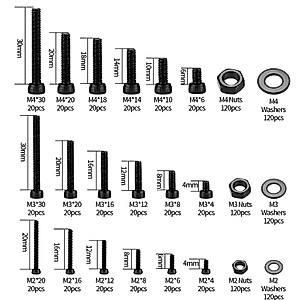 1080 Pcs M2 M3 M4 Hex Button Socket Head Cap Screws Bolts Nuts Flat Washers Assortment Kit, Alloy Steel Black Machine Screws and Nuts and Bolts and Washers Set (1080Black)