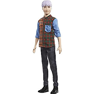 Barbie Ken Fashionistas Doll #154 with Sculpted Purple Hair Wearing a Color-Blocked Plaid Shirt, Black Denim Pants & Boots, Toy for Kids 3 to 8 Years Old