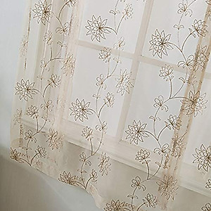 JAIJY Rod Pocket Liftable Roman Window Curtains Flower Embroidery Tie Up Sheer Shade Voile Shade Drape for Small Window Bathroom Decor, 1 Panel, 31"x 47" Inches Length