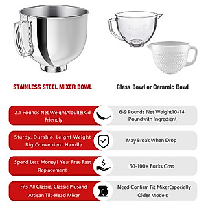 5 QT Stainless Steel Mixer Bowl for Kitchenaid Stand Mixers, Kitchen Aid Mixing Bowl for 4.5-5 QT Tilt-Head Mixer with Handle