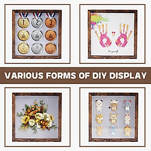 Muzilife 12x12 Shadow Box Picture Frame with Linen Board - Deep Wood & Glass Display Case to Hang Memory Box Baby Sports Memorabilia, Pins, Awards, Medals, Wedding, Tickets and Photos, Rustic Brown