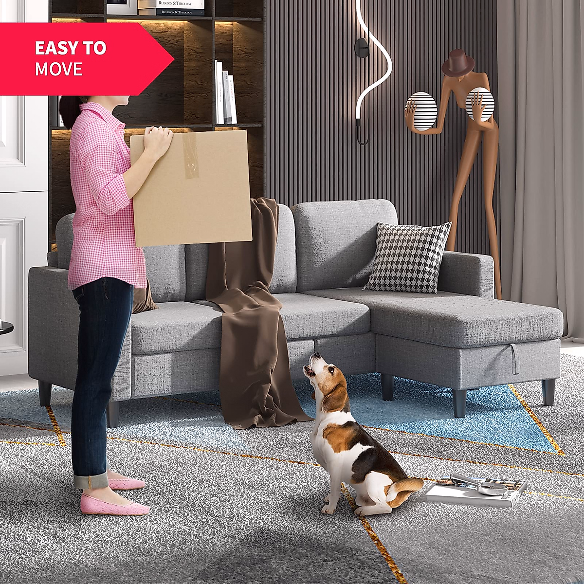 MUZZ 78” Sectional Sofa with Movable Ottoman, Free Combination Sectional Couch, Small L Shaped Sectional Sofa with Storage Ottoman, Modern Linen Fabric Sofa Set for Living Room (Light Grey)