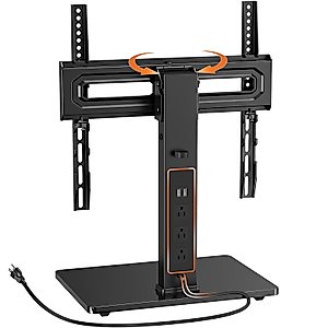 Perlegear Universal Swivel TV Stand with Power Outlet, Tabletop TV Stand for 32–60,65 Inch TVs up to 88 lbs, Tempered Glass TV Mount Stand Base with Height Adjustment, Tilt, Max VESA 400x400mm,PGTVS27