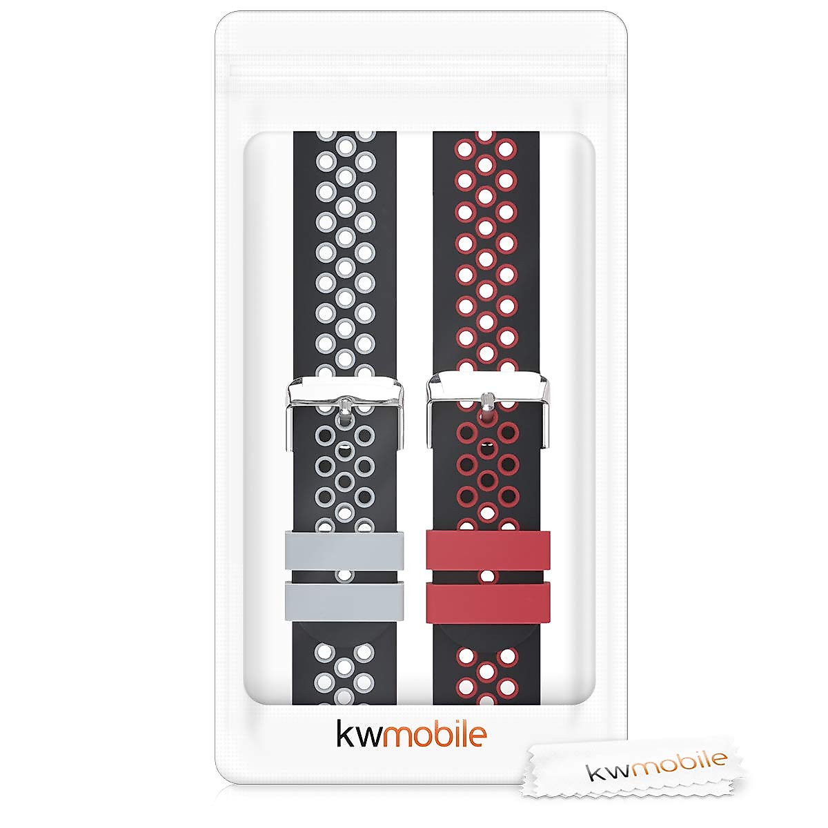 kwmobile Straps Compatible with Huawei Watch GT 2e Straps - 2x Replacement Silicone Watch Bands - Black/Red/Black/Grey