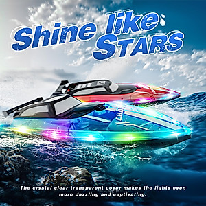 JOI MEW RC Boat for Kids with LED Lights, 2.4Ghz Remote Control Racing Boats for 8-12,Toy Water Boat for Pools & Lakes with Waterproof,Rechargeable Battery, for Boys Girls Blue