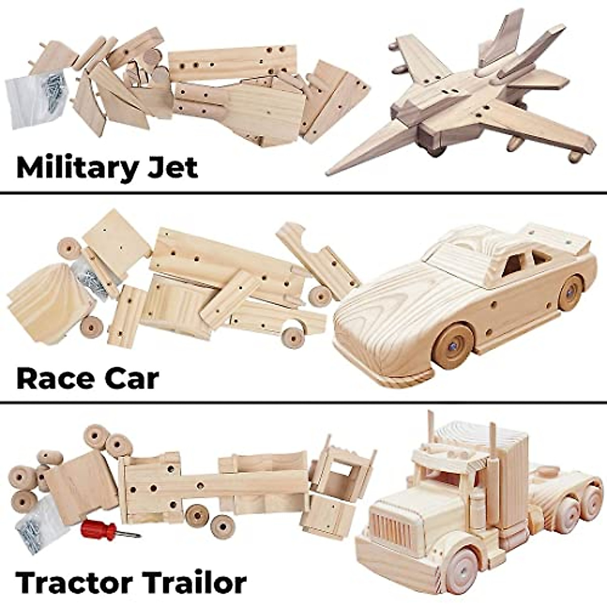 Kraftic Woodworking Building Kit for Kids and Adults, 3 Educational DIY Carpentry Construction Wood Model Kit Toy Projects for Boys and Girls - Build a Wooden Military Jet Race Car and Tractor Trailer