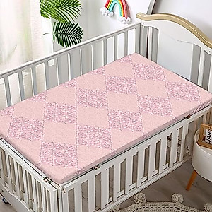 Damask Themed Fitted Crib Sheet,Standard Crib Mattress Fitted Sheet Soft & Stretchy Fitted Crib Sheet - Baby Sheet for Boys Girls,28“ x52“,Peach Pink