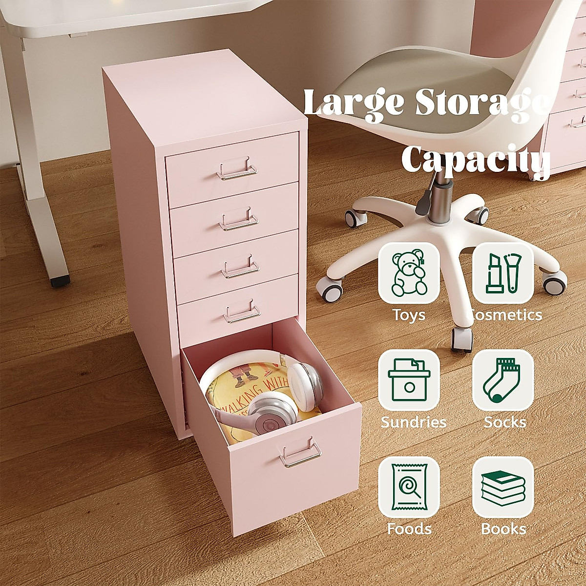 MIOCASA 5 Drawer Metal File Cabinet Mobile Underdesk Chest for Home Office (Pink)