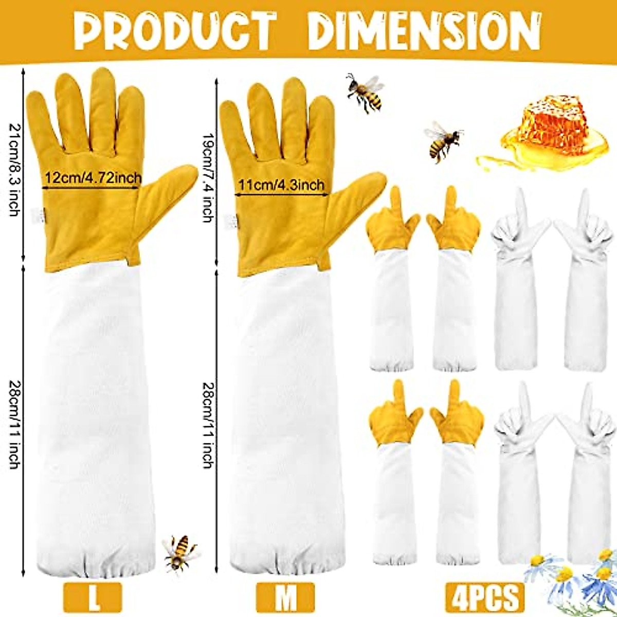 Amyhill 4 Pairs Beekeeping Gloves Thick Goatskin Leather Beekeeper's Gloves with Long Canvas Sleeves and Elastic Cuff (Medium, Large)